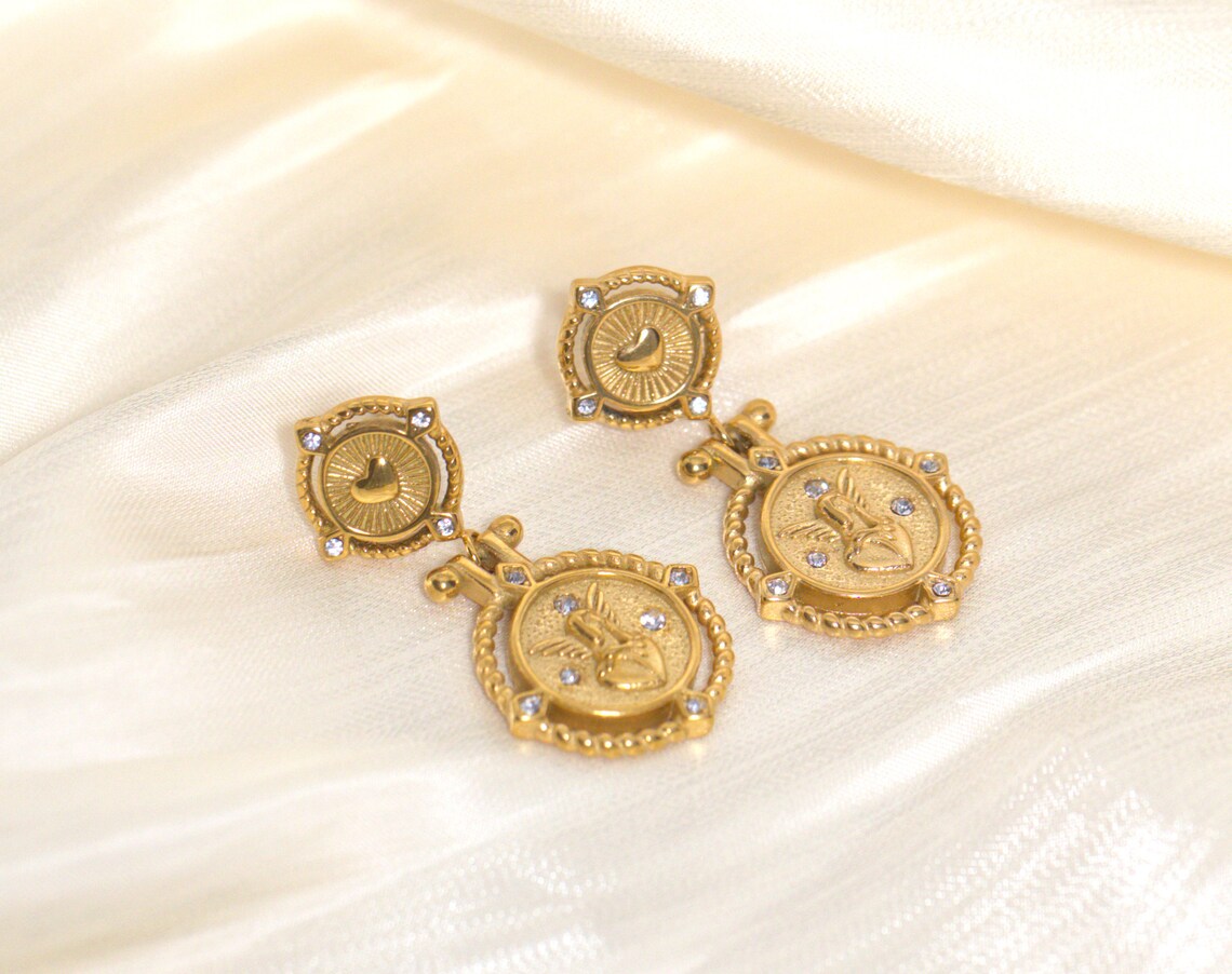 Intricate Heart Angel Design CZ Gold Stainless Steel Circle Medallion ...