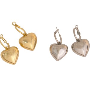 Gold or Silver Plated Large Puff Heart Hoop Earrings Dangle Charm 3D ...