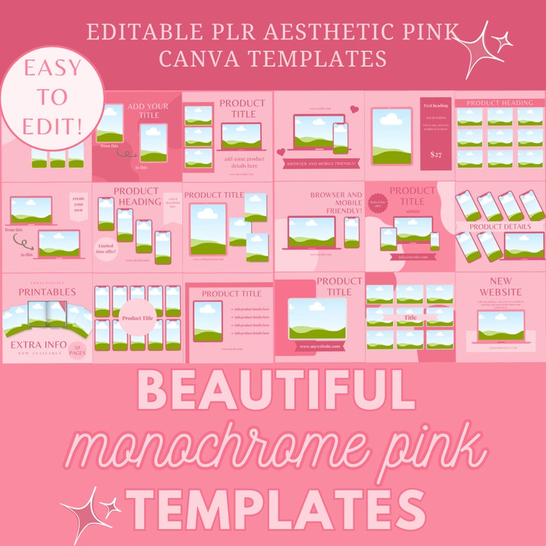 Mockup Listings PLR Templates Editable Canva Bundle, Pink Digital ...