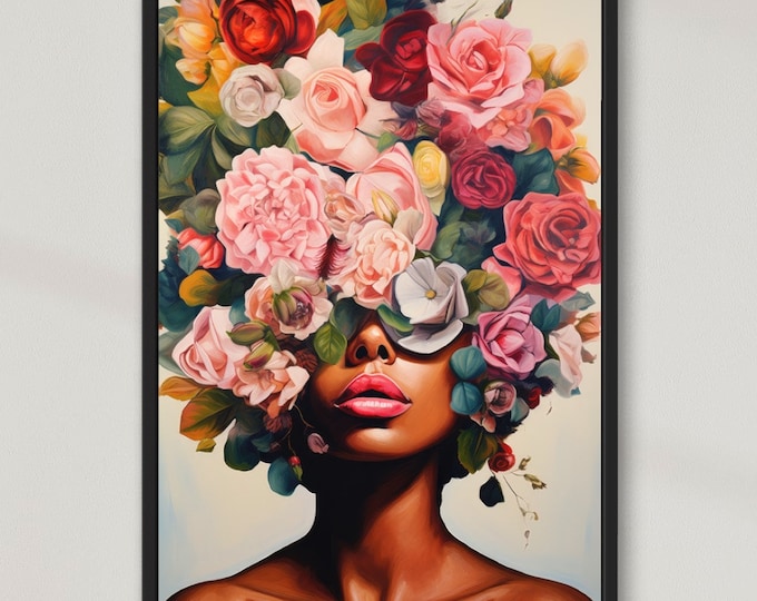 Framed Rose Head Woman Canvas Print, Woman With Flower Head Canvas ...