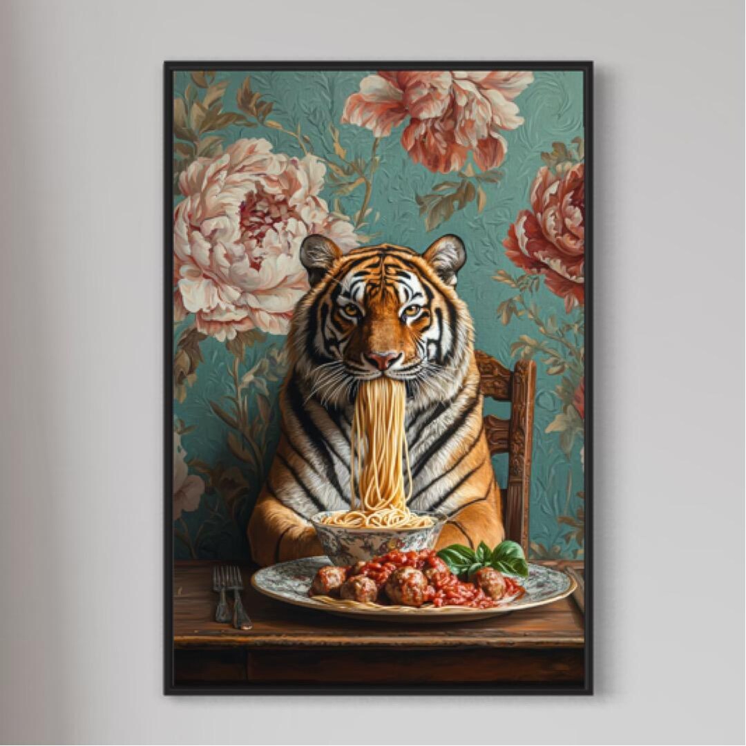 Tiger Eating Spaghetti Canvas Print: Funny Kitchen Maximalist Decor - Etsy