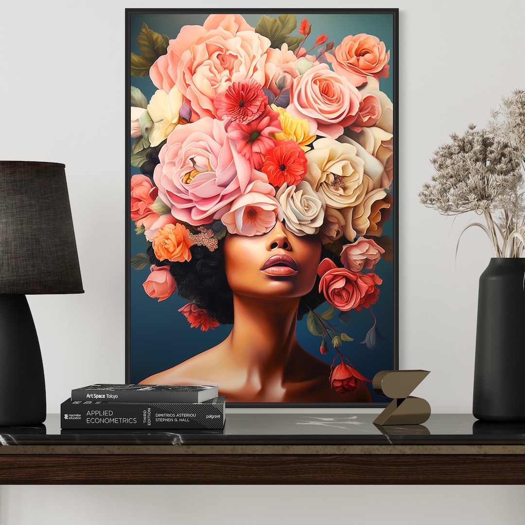 Framed Rose Head Woman Canvas Print, Woman With Flower Head Canvas ...
