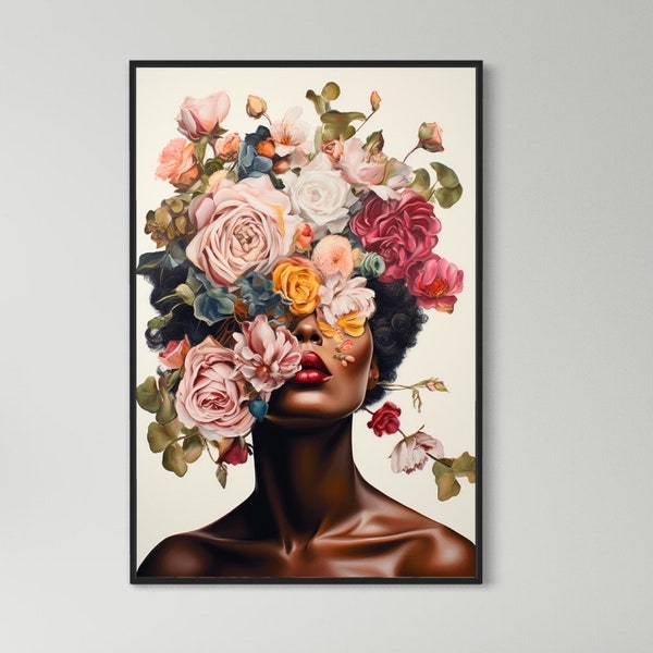 Framed Rose Head Woman Canvas Print, Woman With Flower Head Canvas ...