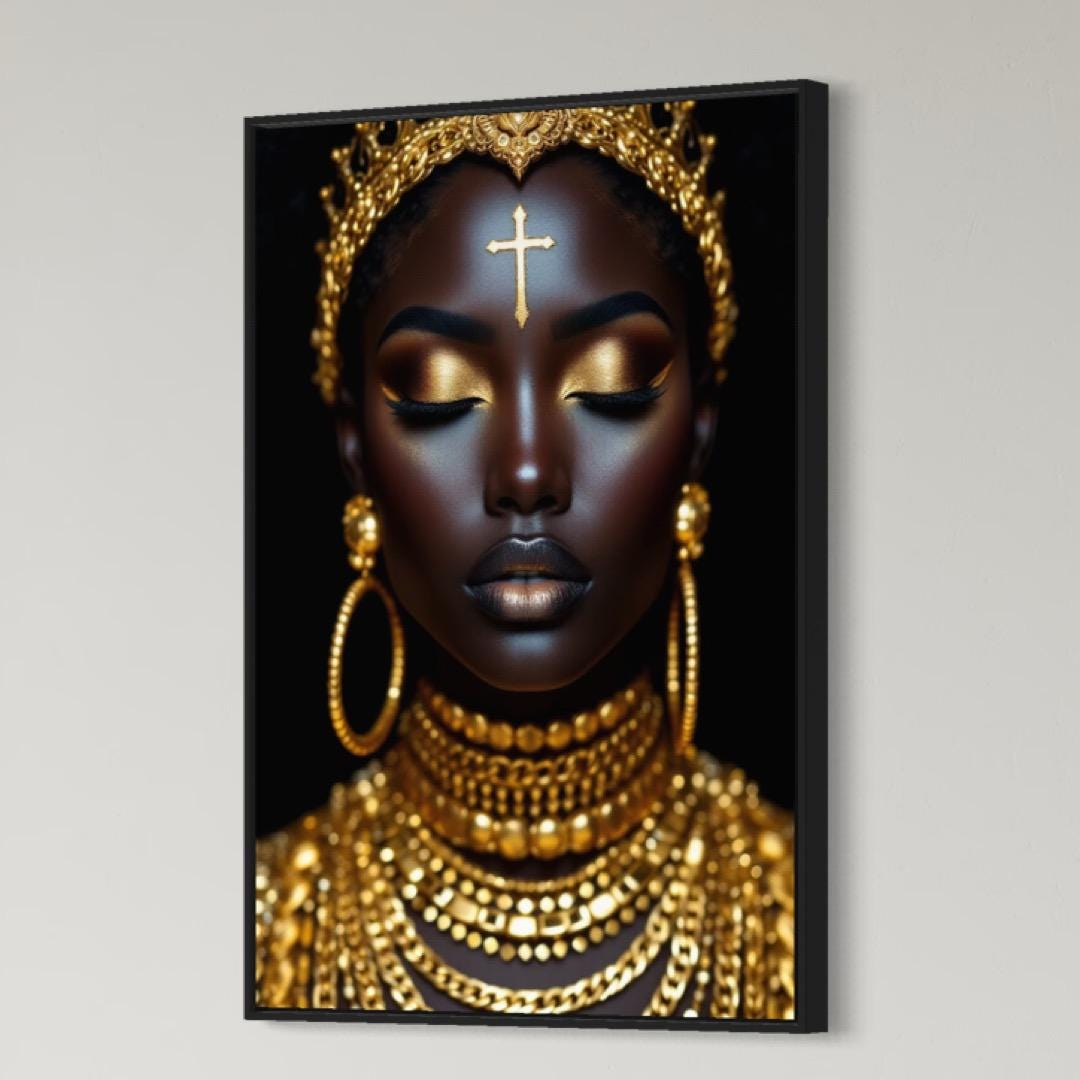 African Queen Wall Art | Black Gold Portrait Print | Regal Woman Crown ...