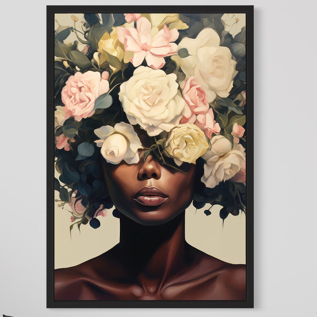 Framed White Roses Head Woman Canvas Print, Woman With Flower Head ...