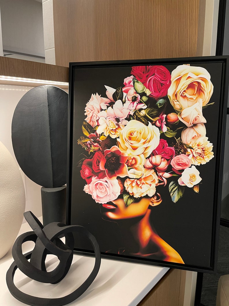 Framed Red Rose Head Woman Canvas Print, Woman With Flower Head Canvas ...