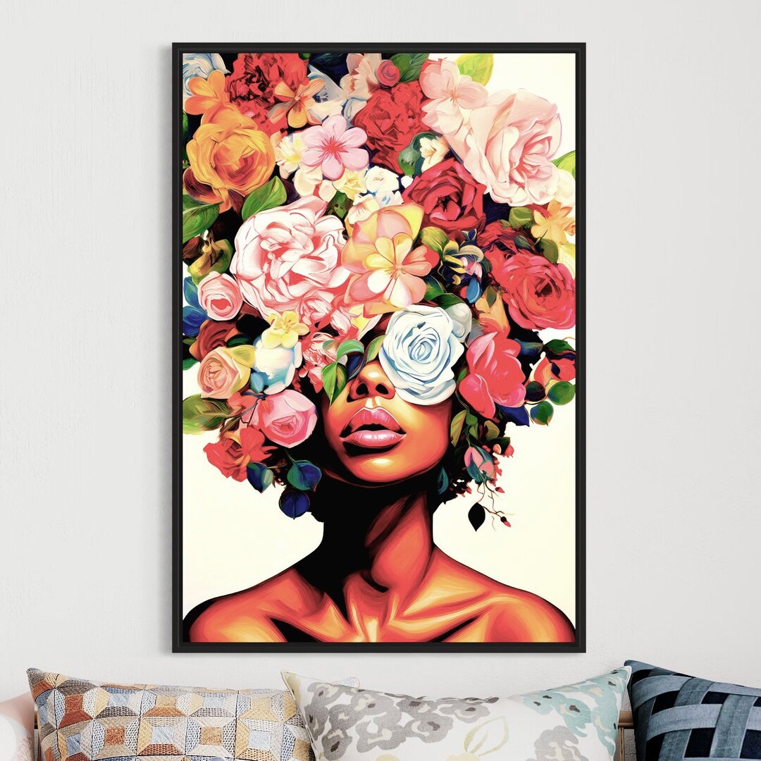 Framed Rose Head Woman Canvas Print, Woman With Flower Head Canvas ...