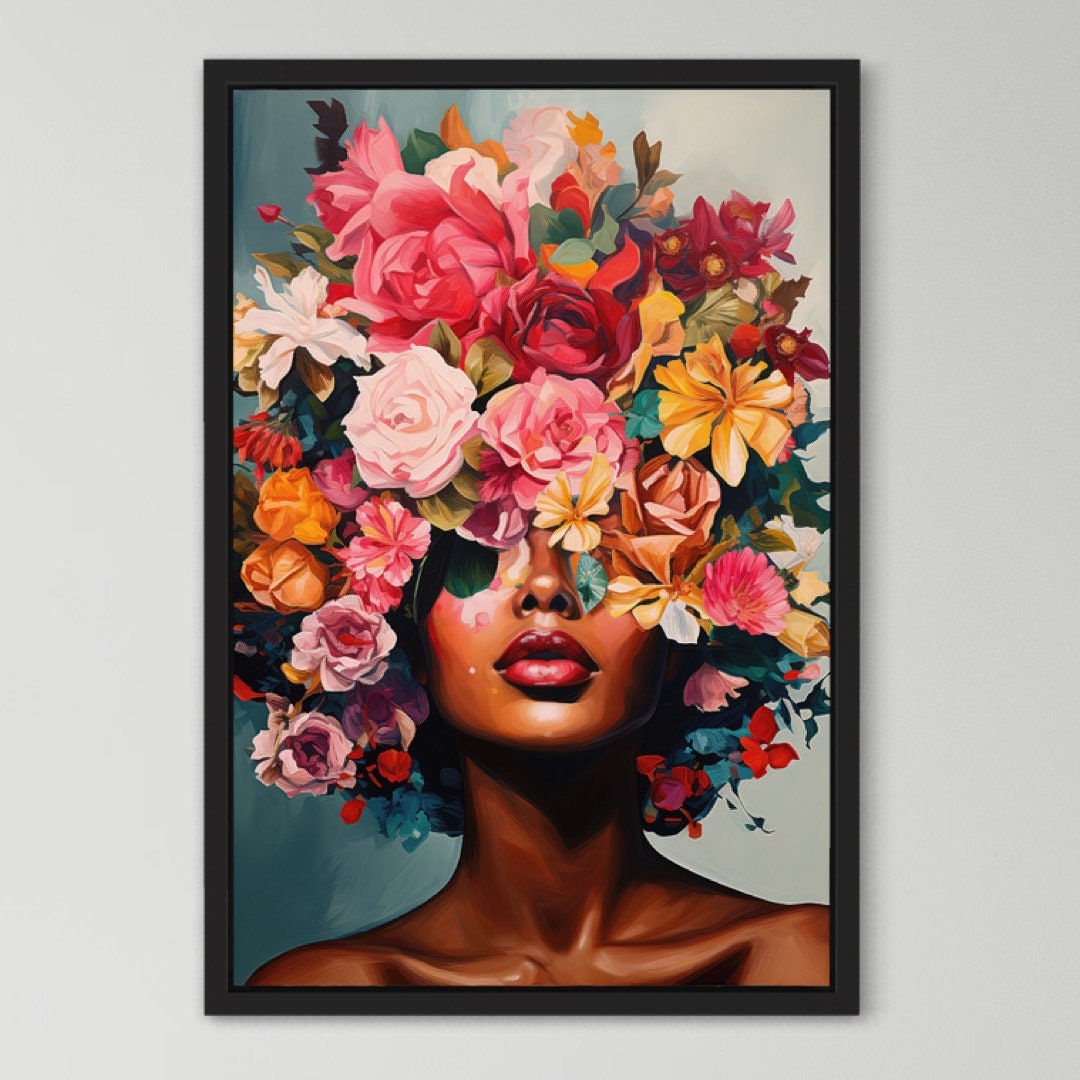 Framed Woman With Flower Head Canvas Print - Etsy