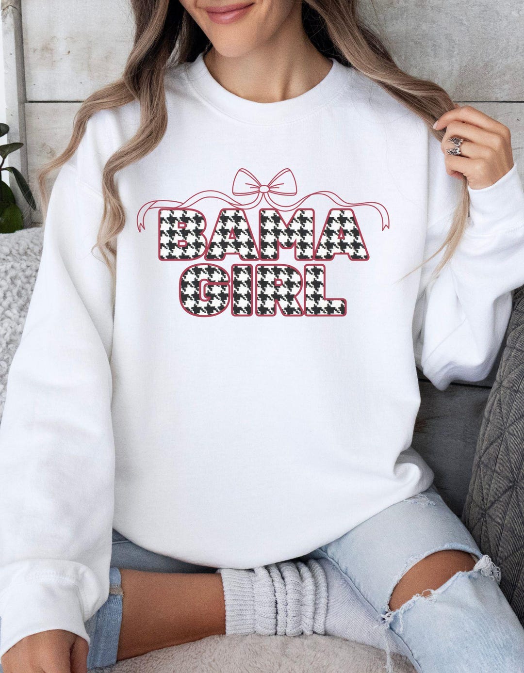 Bama Girl Houndstooth Sweatshirt | Alabama Football Coquette Bow ...