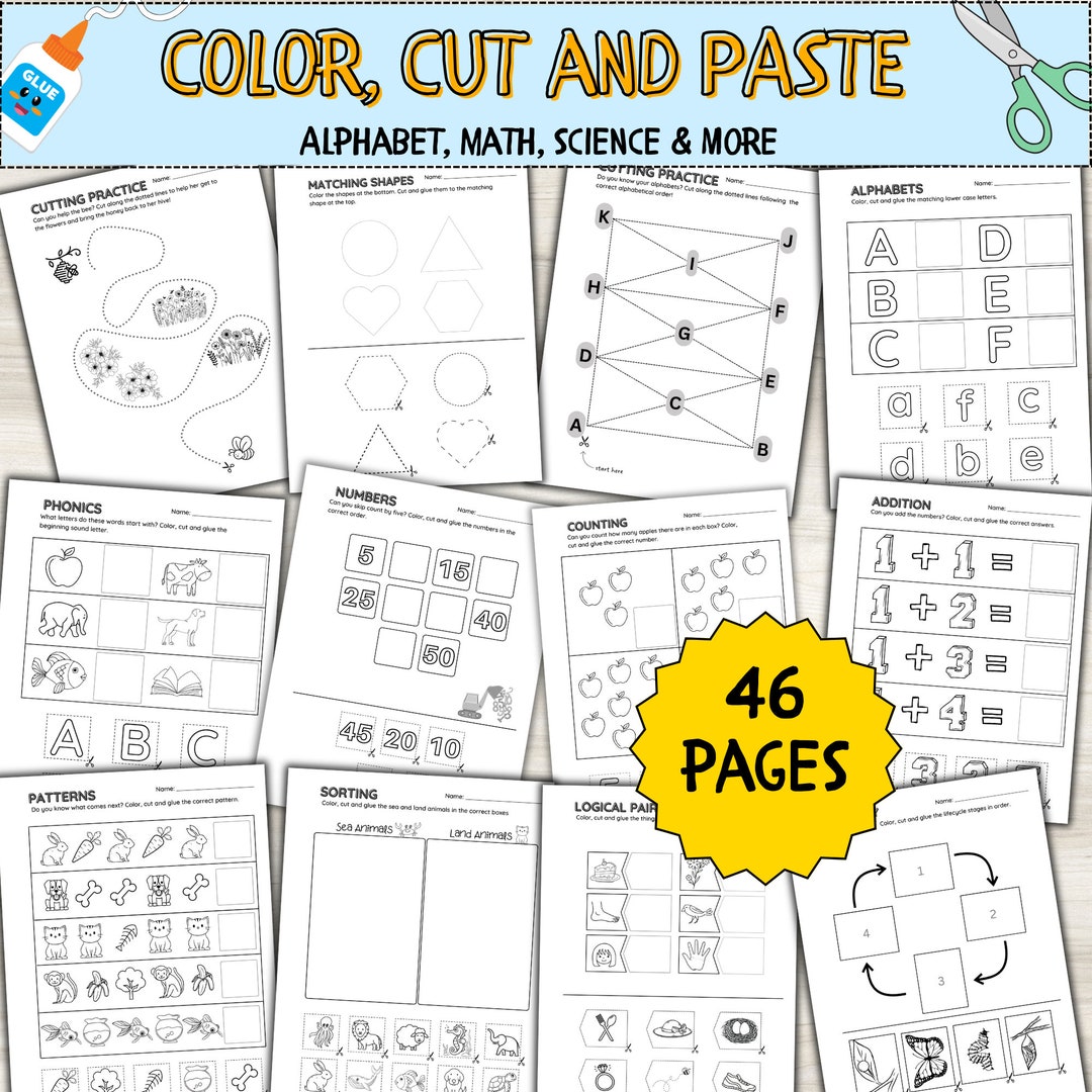 Coloring Cut and Paste Printable Activity Worksheet Pages for Kids With ...