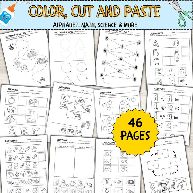 Coloring Cut and Paste Printable Activity Worksheet Pages for Kids With ...