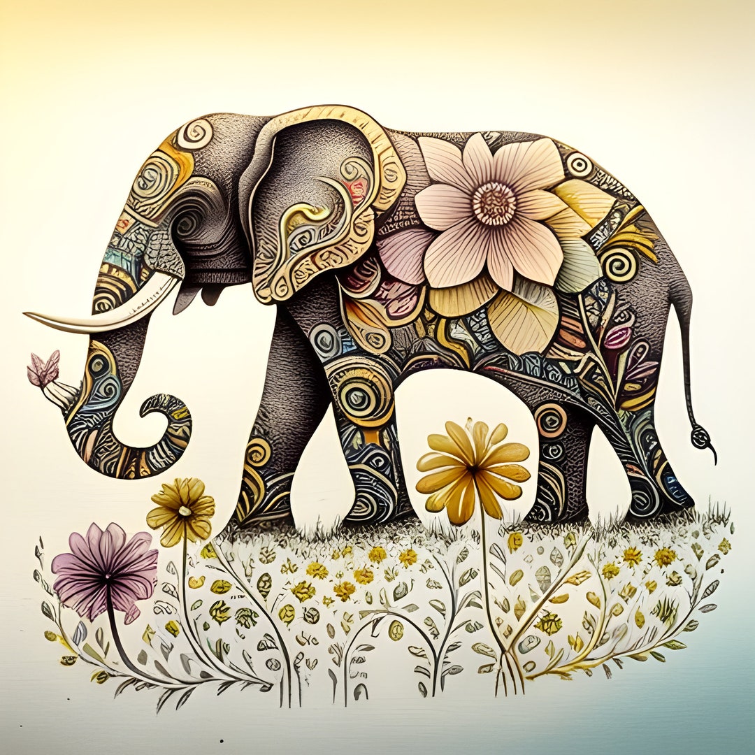 Boho Elephant Wall Art, Instant Download, Elephant Painted With Flowers ...