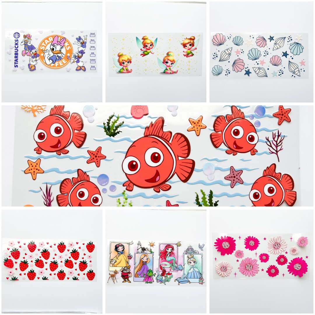 Daisy Tinker Bell Nemo Strawberry Princessflowers Pink/ Ocean UV DTF ...