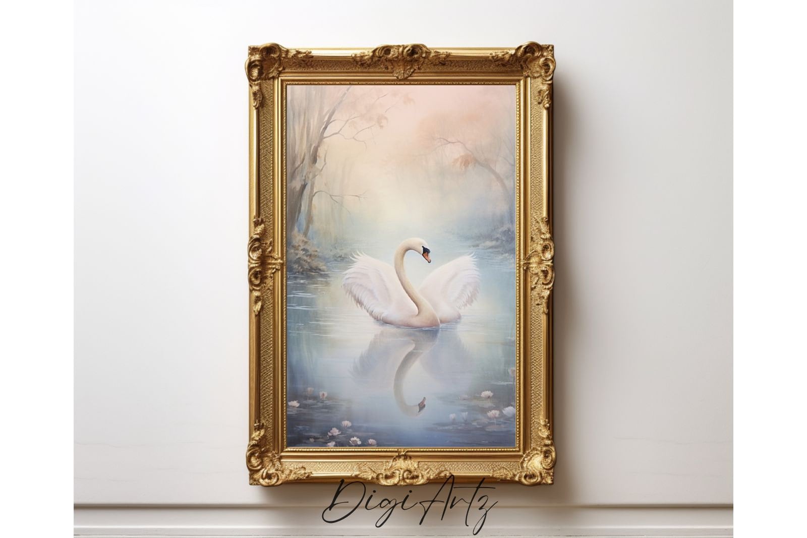Printable Vintage Swan on Lake Landscape Wall Art Wall Decor - Swan ...
