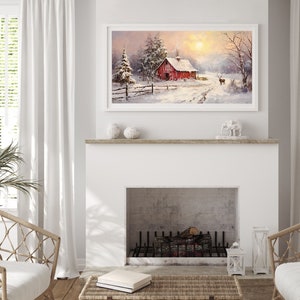 Samsung Frame TV Christmas Wall Art Vintage Reindeer Red Barn Home ...