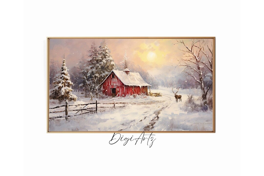 Samsung Frame TV Christmas Wall Art Vintage Reindeer Red Barn Home ...