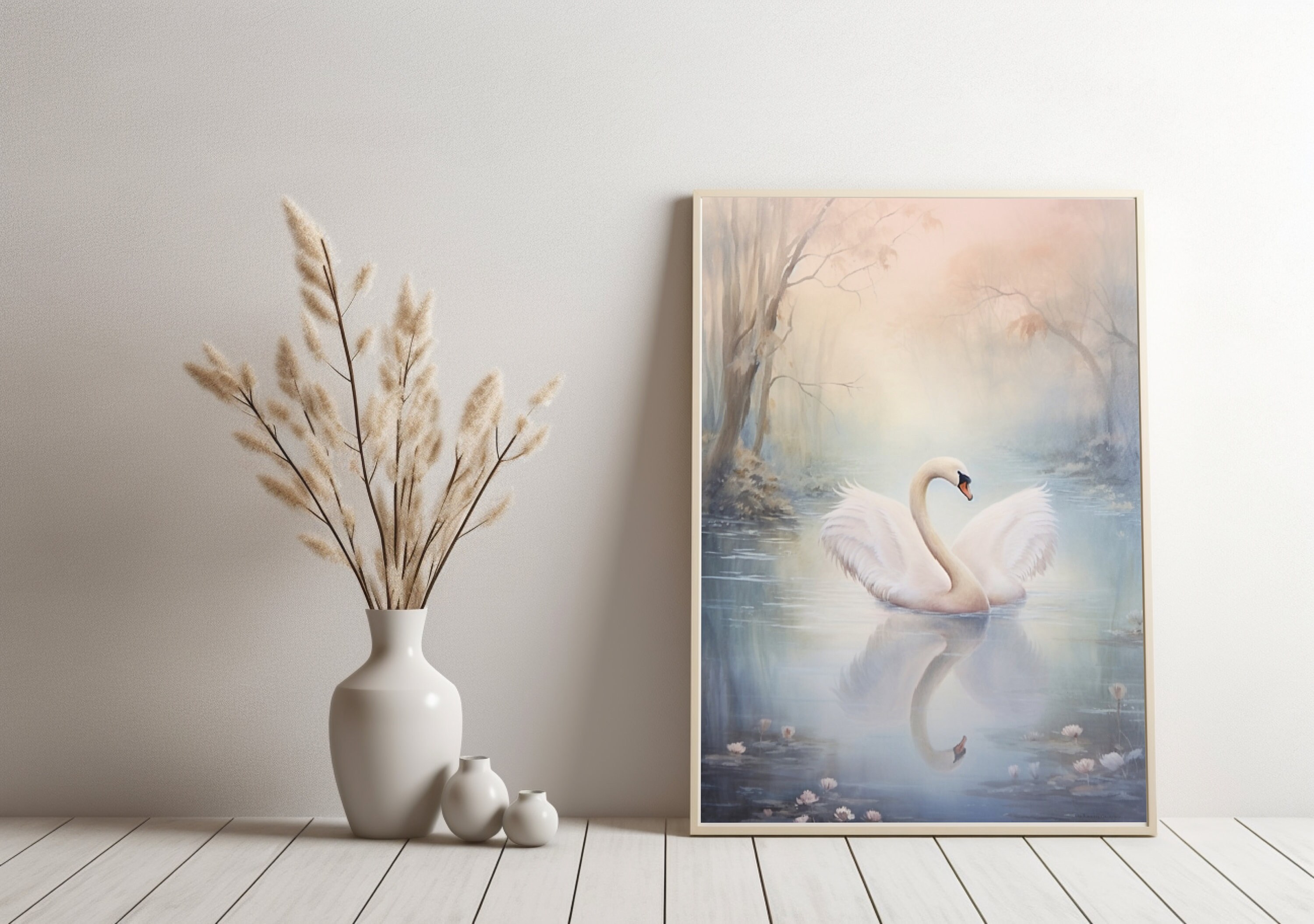 Printable Vintage Swan on Lake Landscape Wall Art Wall Decor - Swan ...