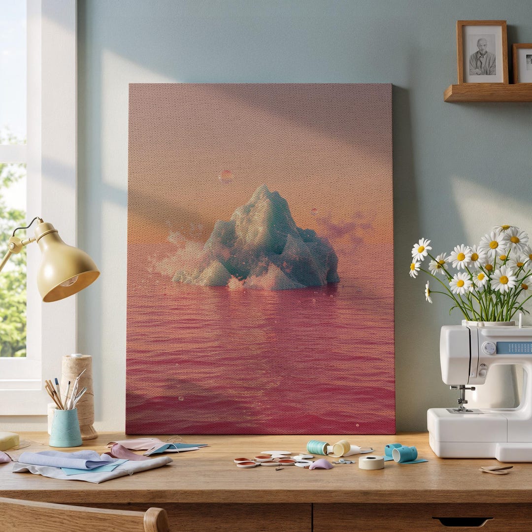 Surreal Iceberg Framed Canvas, Pink Ocean Wall Art, Dreamlike Landscape ...