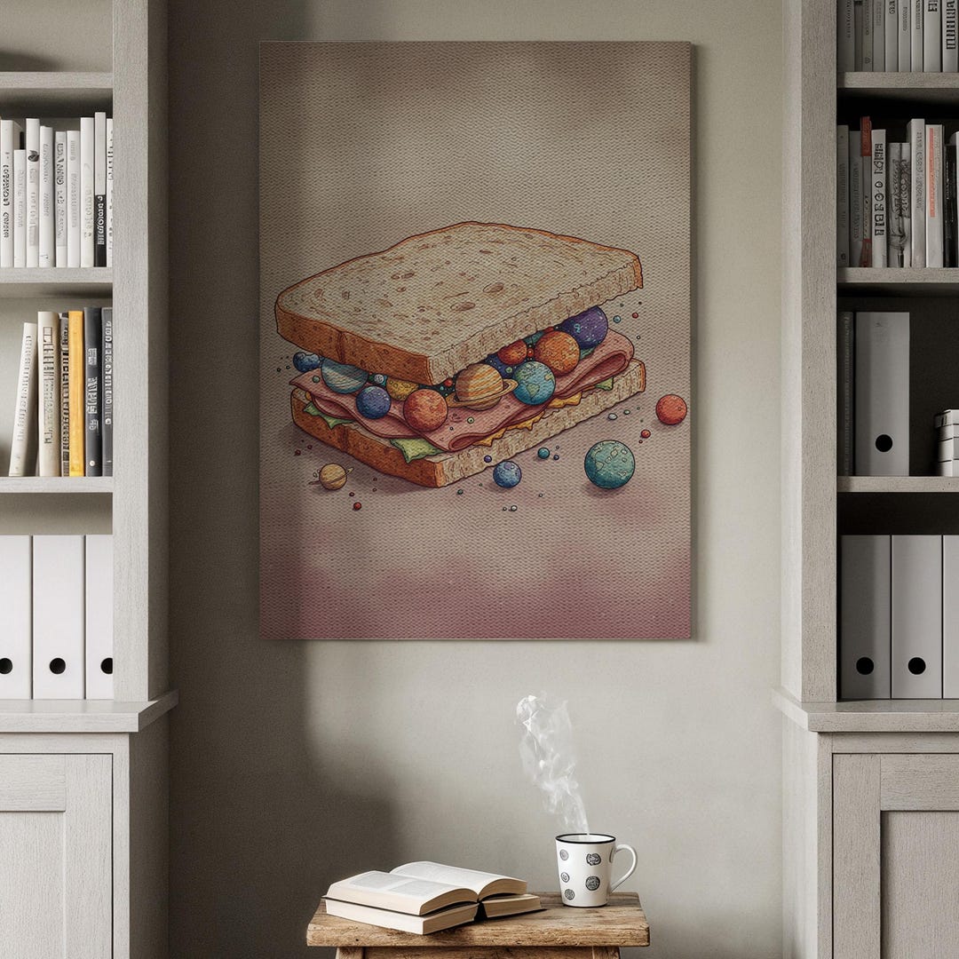 Planet Sandwich Framed Canvas, Surreal Food Wall Art, Cosmic Galaxy ...