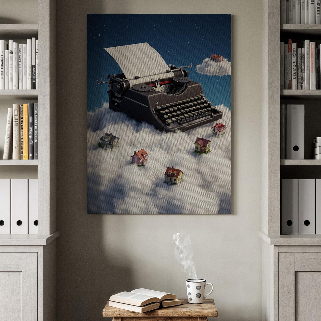 Vintage Typewriter Framed Canvas, Surreal Cloud Artwork, Dreamy Retro ...