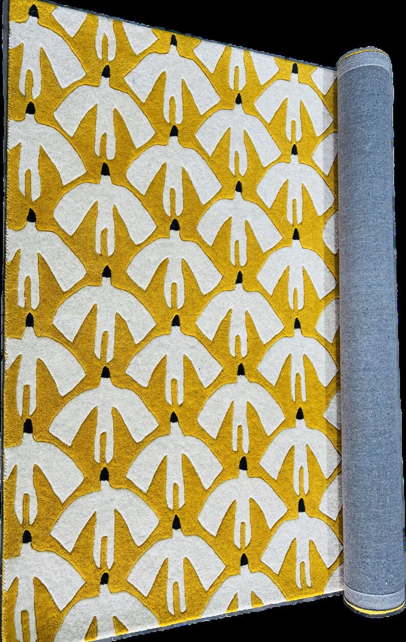 Birds Pattern Yellow Kids Cut-out Hand-tufted 100% Wool Handmade Area ...