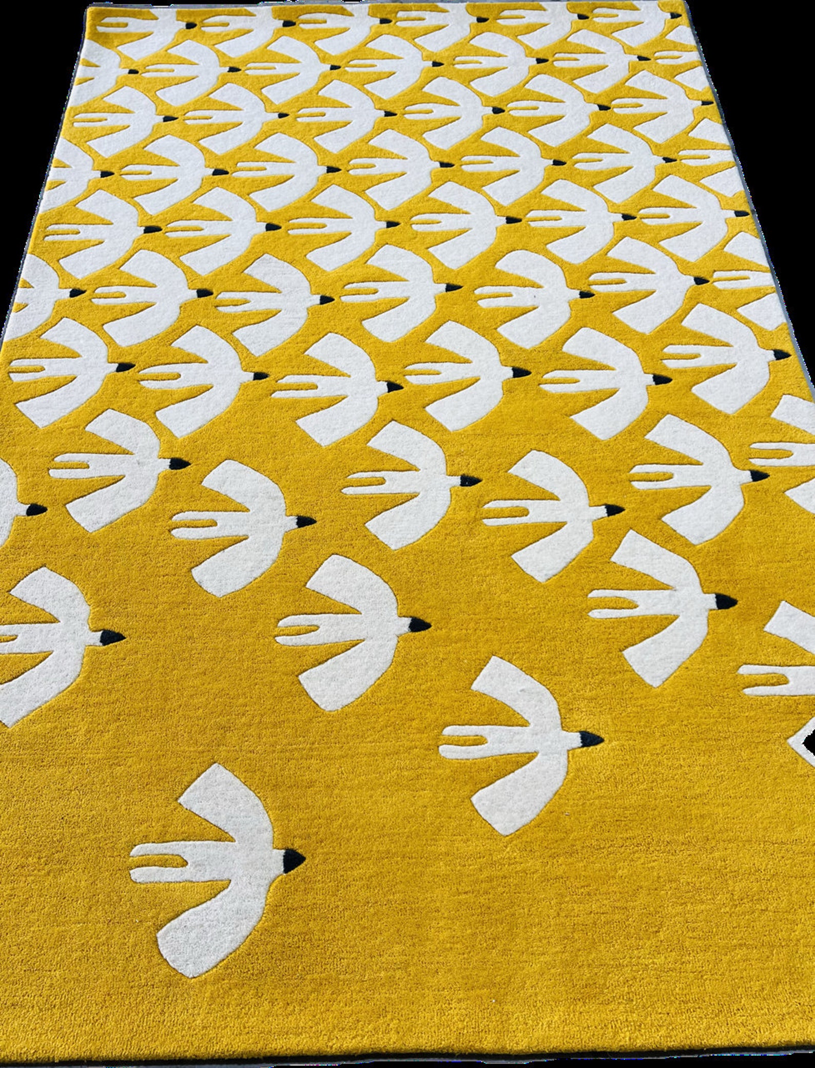Birds Pattern Yellow Kids Cut-out Hand-tufted 100% Wool Handmade Area ...