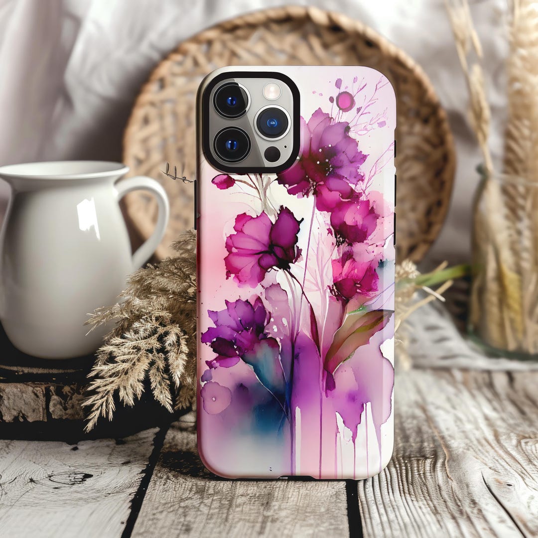 Purple Floral Alcohol Ink Phone Case | Tough iPhone Case for 14, 13, 12 ...