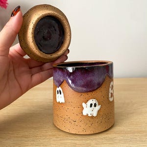 Purple Ghosts Ceramic Lidded Jar Small Spooky Stash Jar Halloween Decor ...