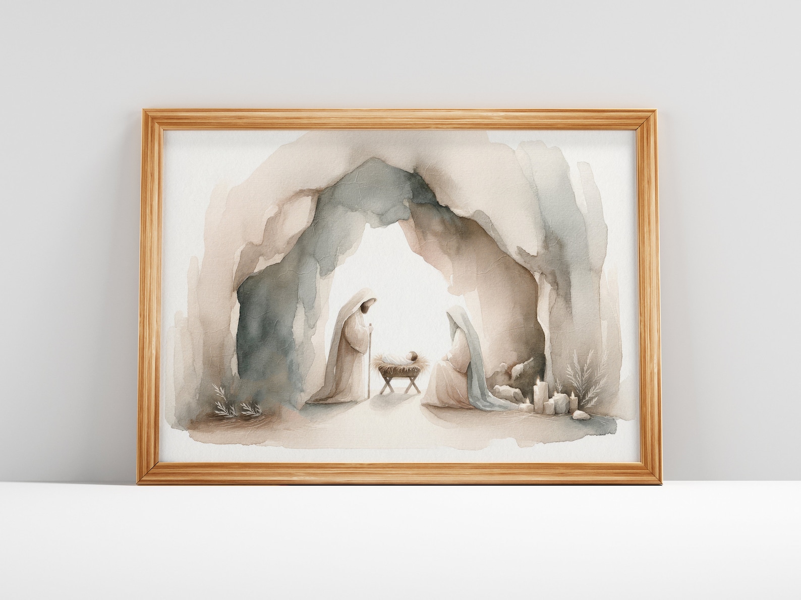 Minimalist Nativity Scene Watercolor - Christmas Jesus, Soft Pastel ...