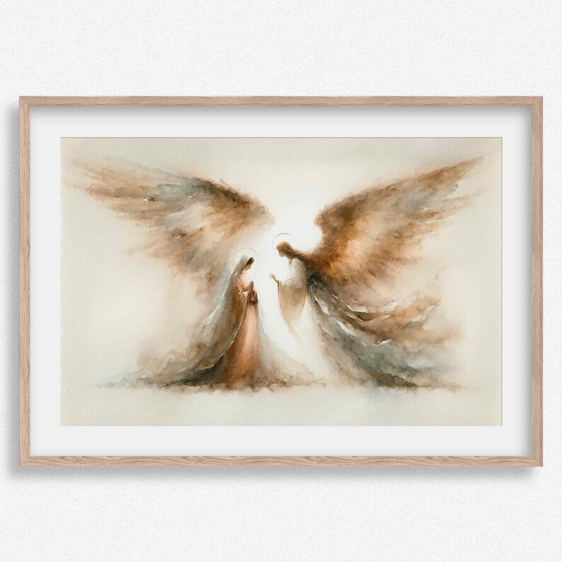 Ethereal Annunciation Watercolor - Soft Tones, Angel and Mary, Tranquil ...