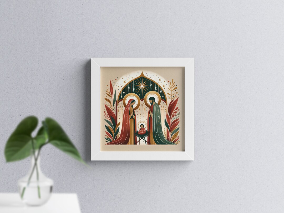 Modern Nativity Scene Illustration Warm Tones With Golden Halos and ...
