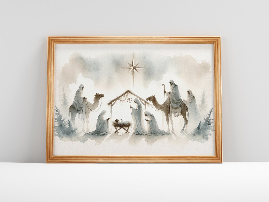 Minimalist Nativity Scene Watercolor - Christmas Jesus, Soft Pastel ...