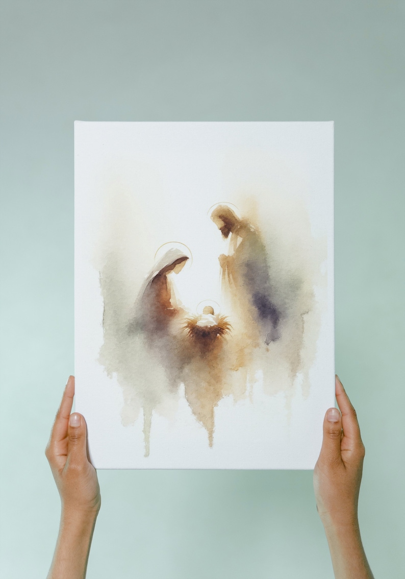 Minimalist Nativity Scene Watercolor - Christmas Jesus, Soft Pastel ...
