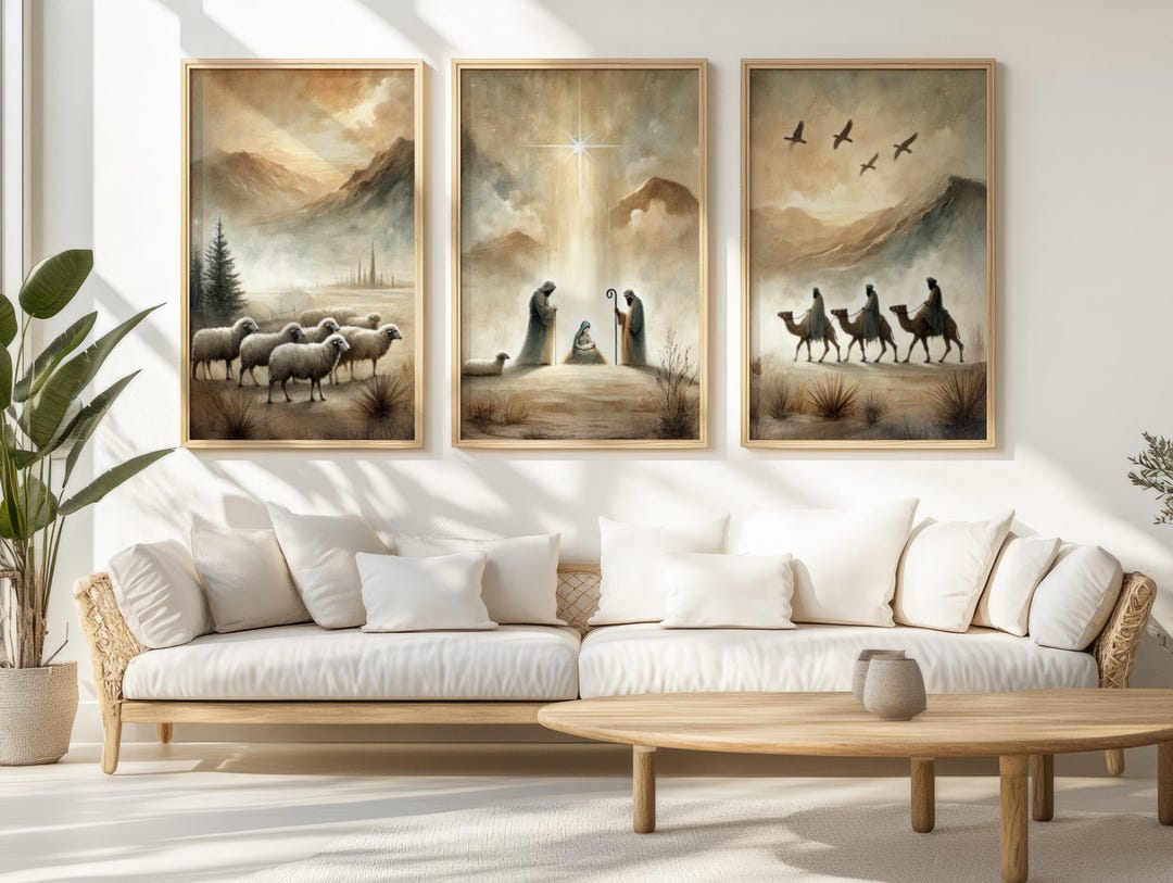 Set of 3 Nativity Scene Watercolor Print Set: Soft Pastel Christmas Art ...