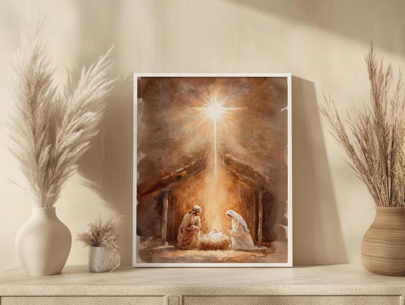 Minimalist Nativity Scene Watercolor Art Print: Christmas Jesus ...