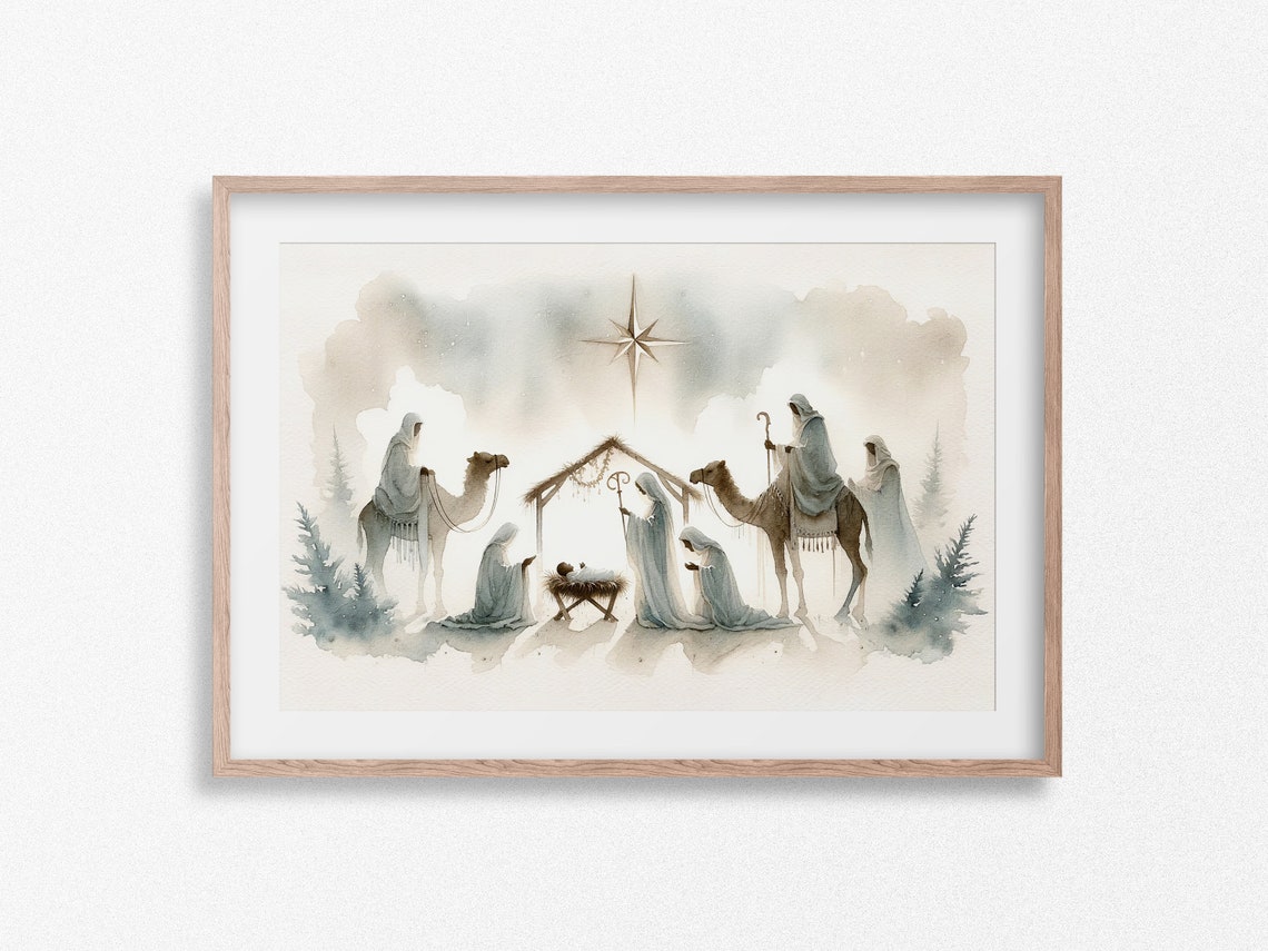 Minimalist Nativity Scene Watercolor - Christmas Jesus, Soft Pastel ...