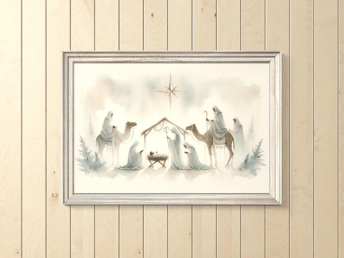 Minimalist Nativity Scene Watercolor - Christmas Jesus, Soft Pastel ...