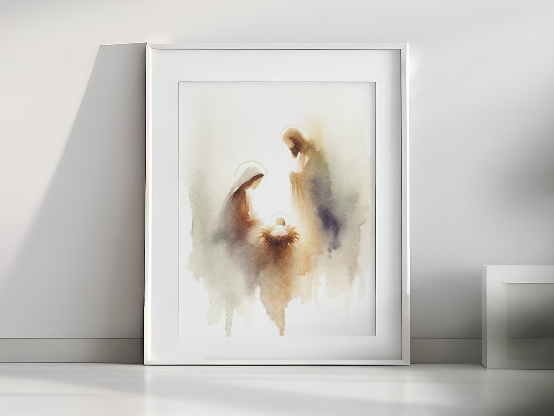 Minimalist Nativity Scene Watercolor - Christmas Jesus, Soft Pastel ...