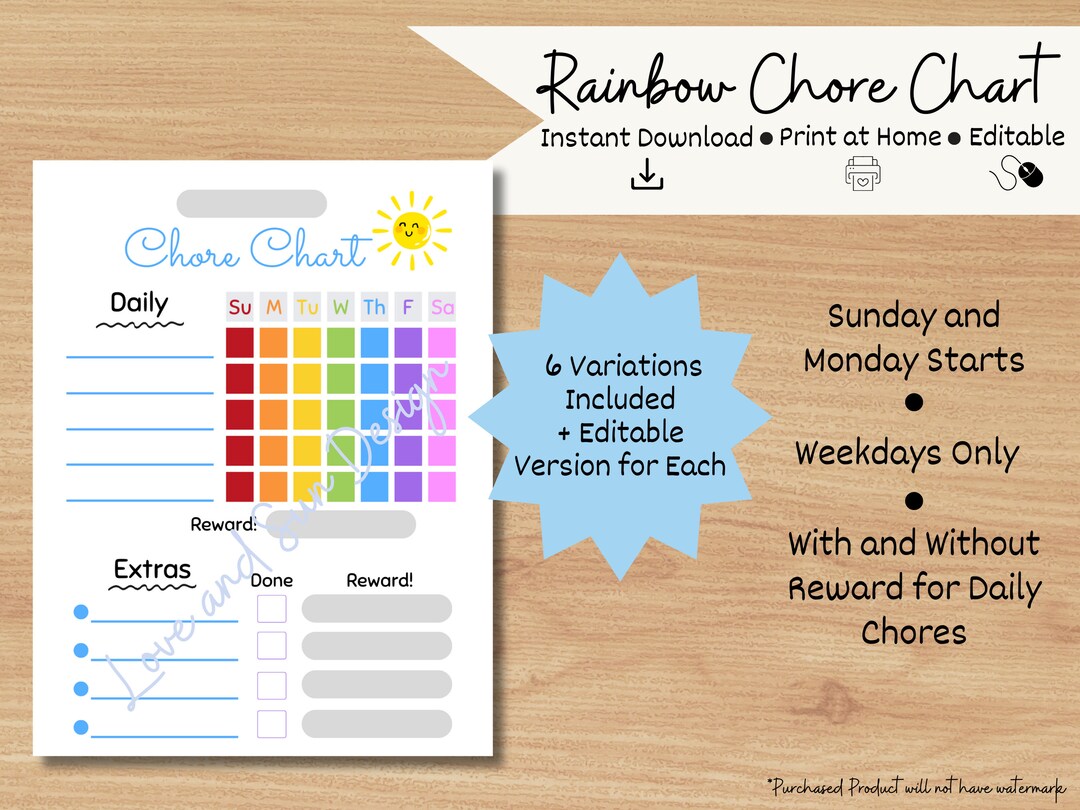 Chore Chart for Kids | Rainbow Chore Chart | Chore Chart Printable ...