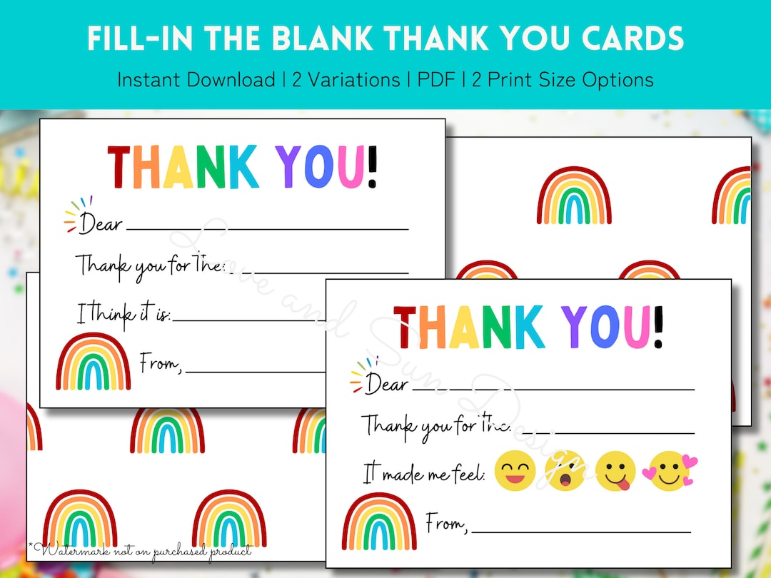 Kids Fill in Thank You Notes Rainbow |kids Thank You Cards |printable ...