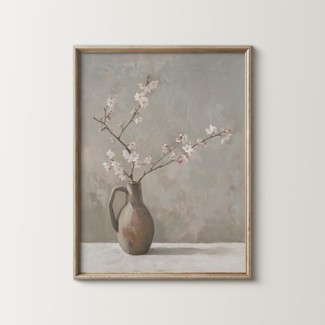 Muted Spring Cherry Blossom Branch Painting in Vase, Rustic Floral ...