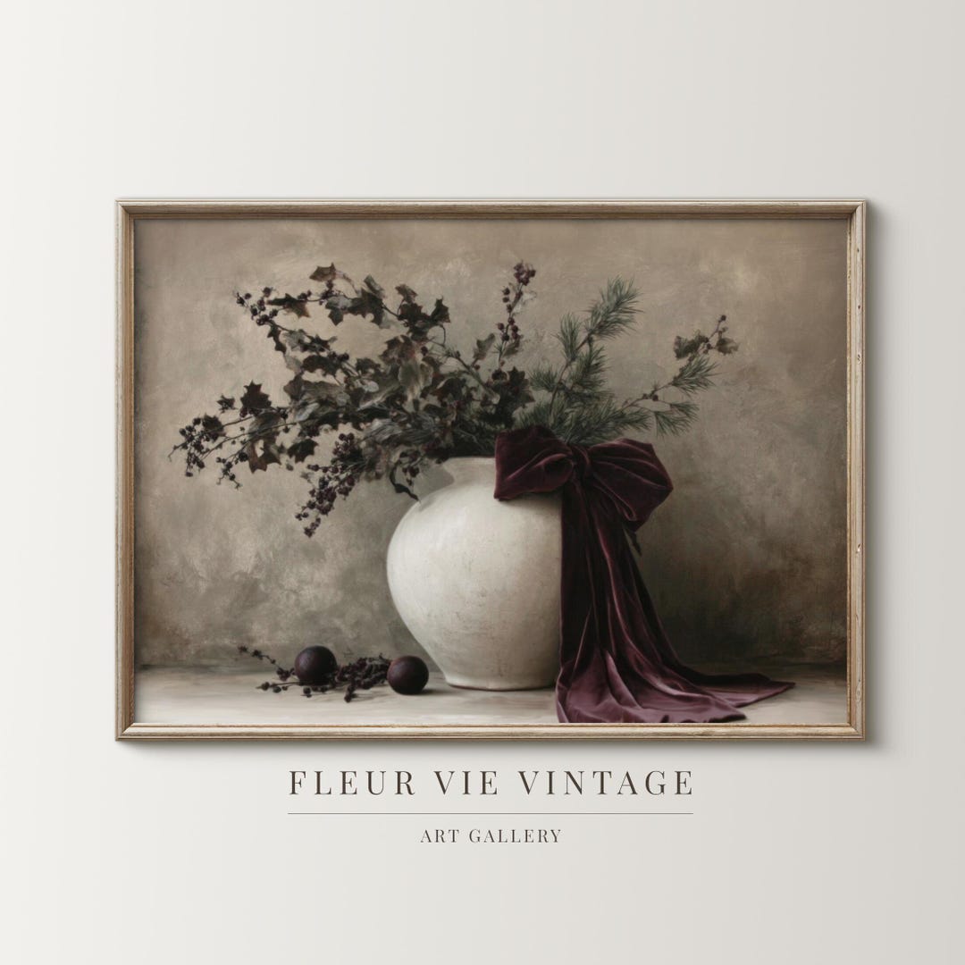 Vintage Winter Floral Still Life: Festive Holiday Wall Art Illustration ...