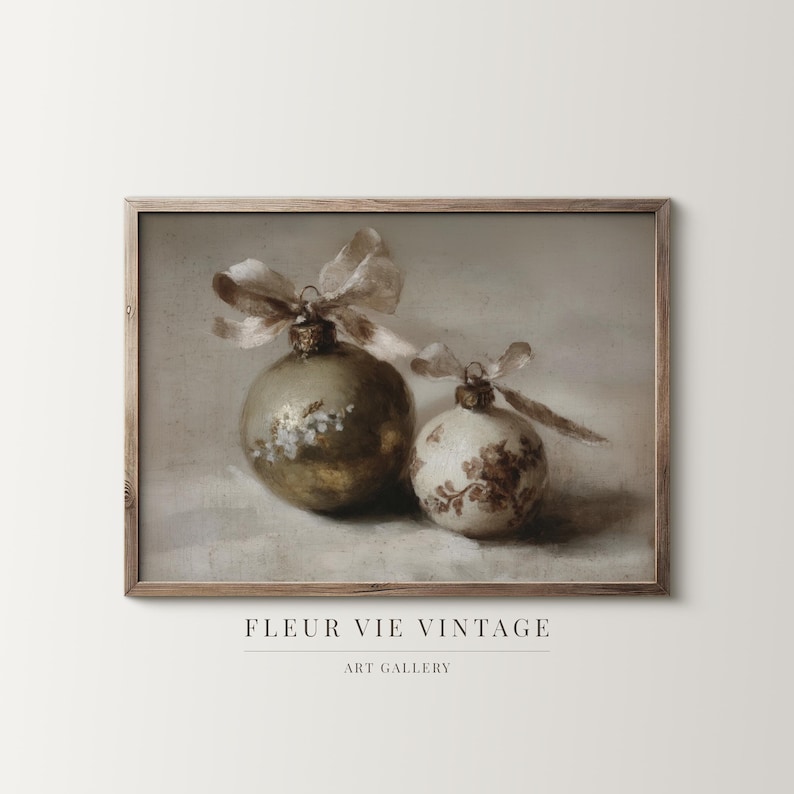 Vintage Christmas Ornament Painting, French Country Winter Wall Art ...