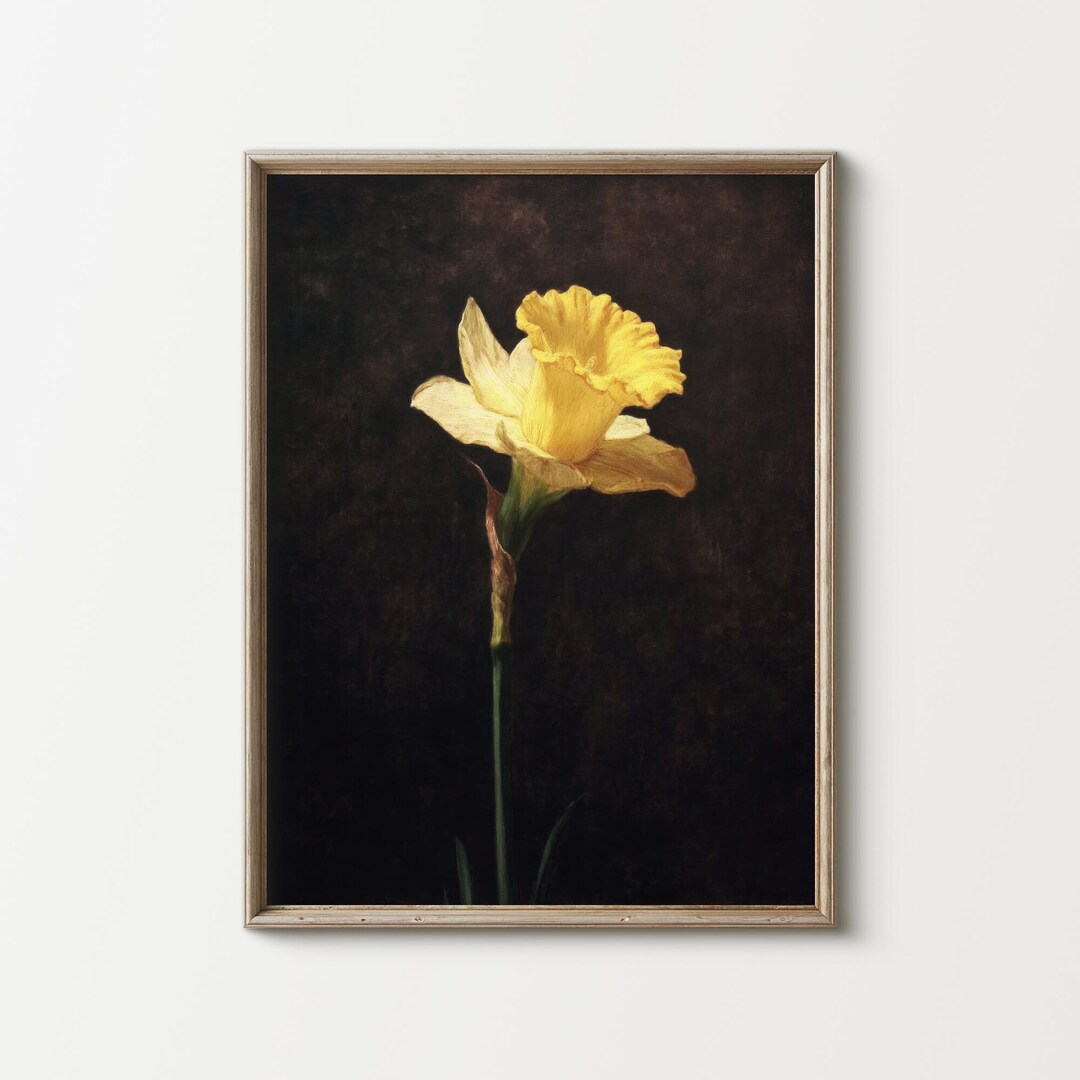 Daffodil Oil Painting Floral Wall Art Print, Dark Moody Botanical Poste ...