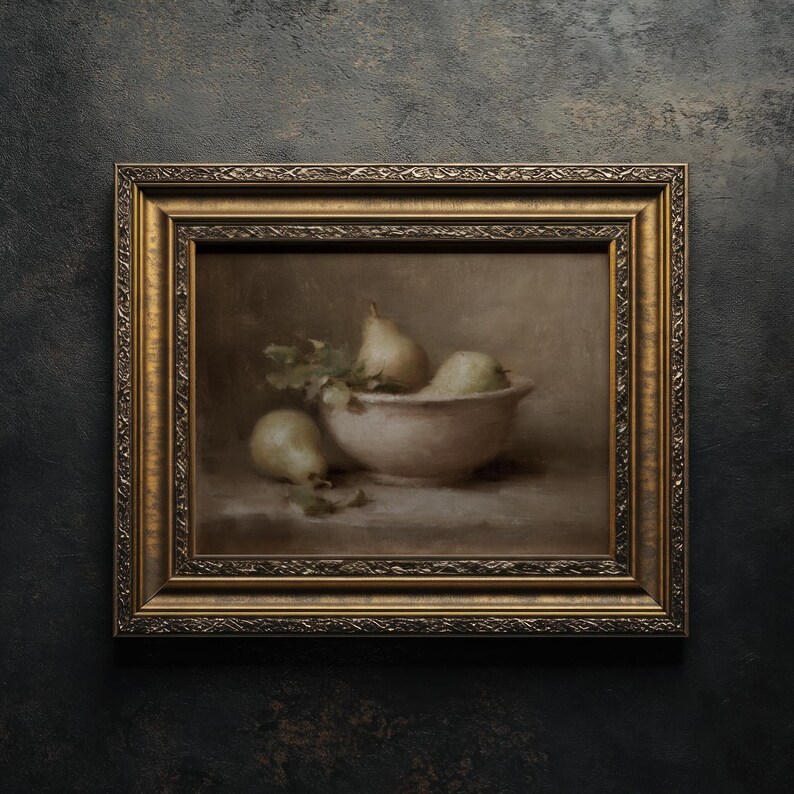 Vintage Pear Still Life Oil Painting Print, Rustic Kitchen Art (digital ...