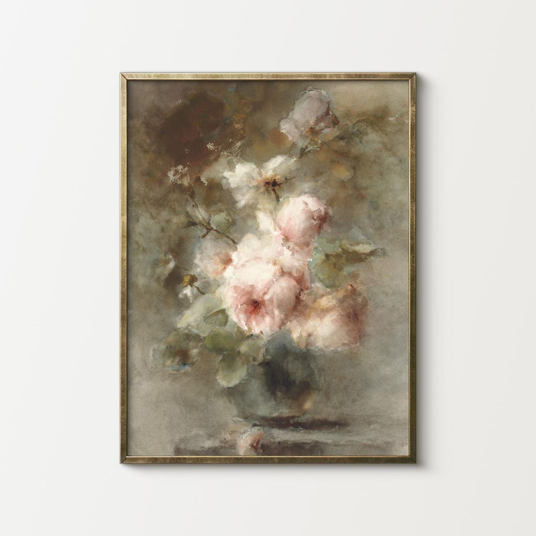 Vintage Muted Pink Roses Oil Painting Printable Wall Art | French ...