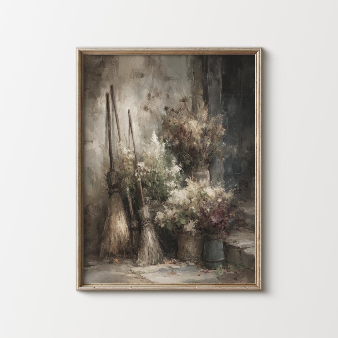 Rustic Witch Broom Painting: Vintage Farmhouse Fall Wall Art for Home ...