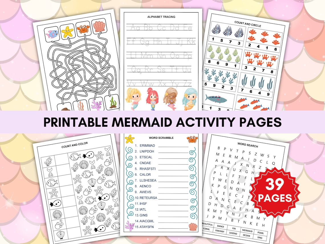 Mermaid Activity Book for Kids Printable Puzzle Games Worksheets ...