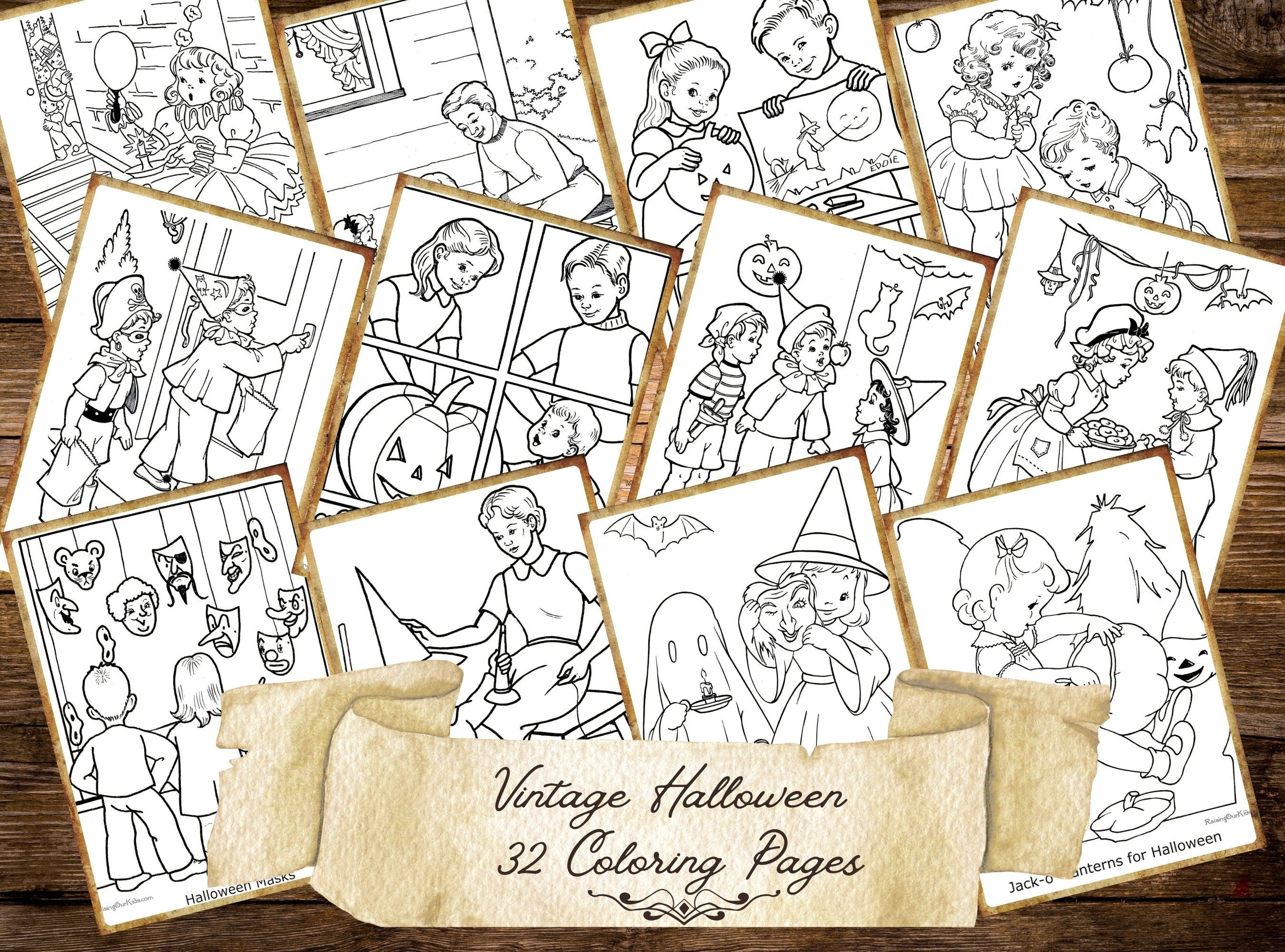 32 Pieces Vintage Halloween Coloring Pages Kids Halloween - Etsy