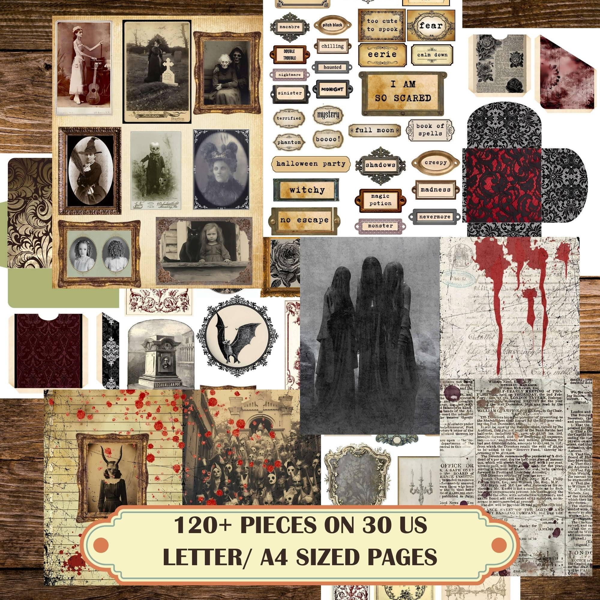 Gothic Creepy Junk Journal Kit, Vintage Halloween Junkjournal Pages ...